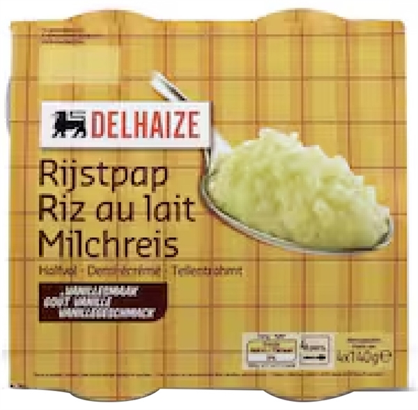 Score santé de DELHAIZE RIZ AU LAIT DEMI-ÉCRÉMÉ GOÛT VANILLE 4X140G ...